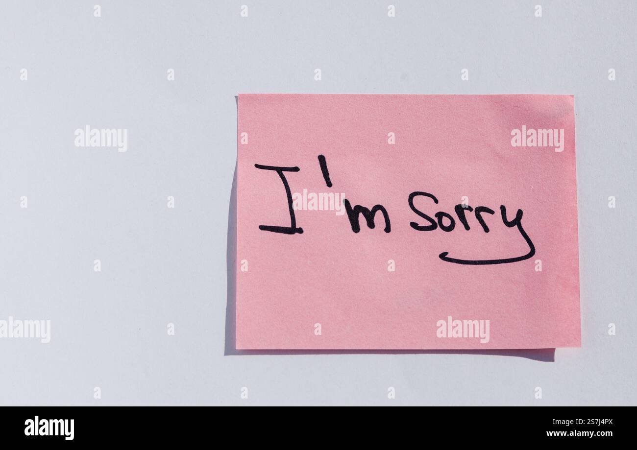 Handwritten 'I'm Sorry' on a pink sticky note over a white background ...