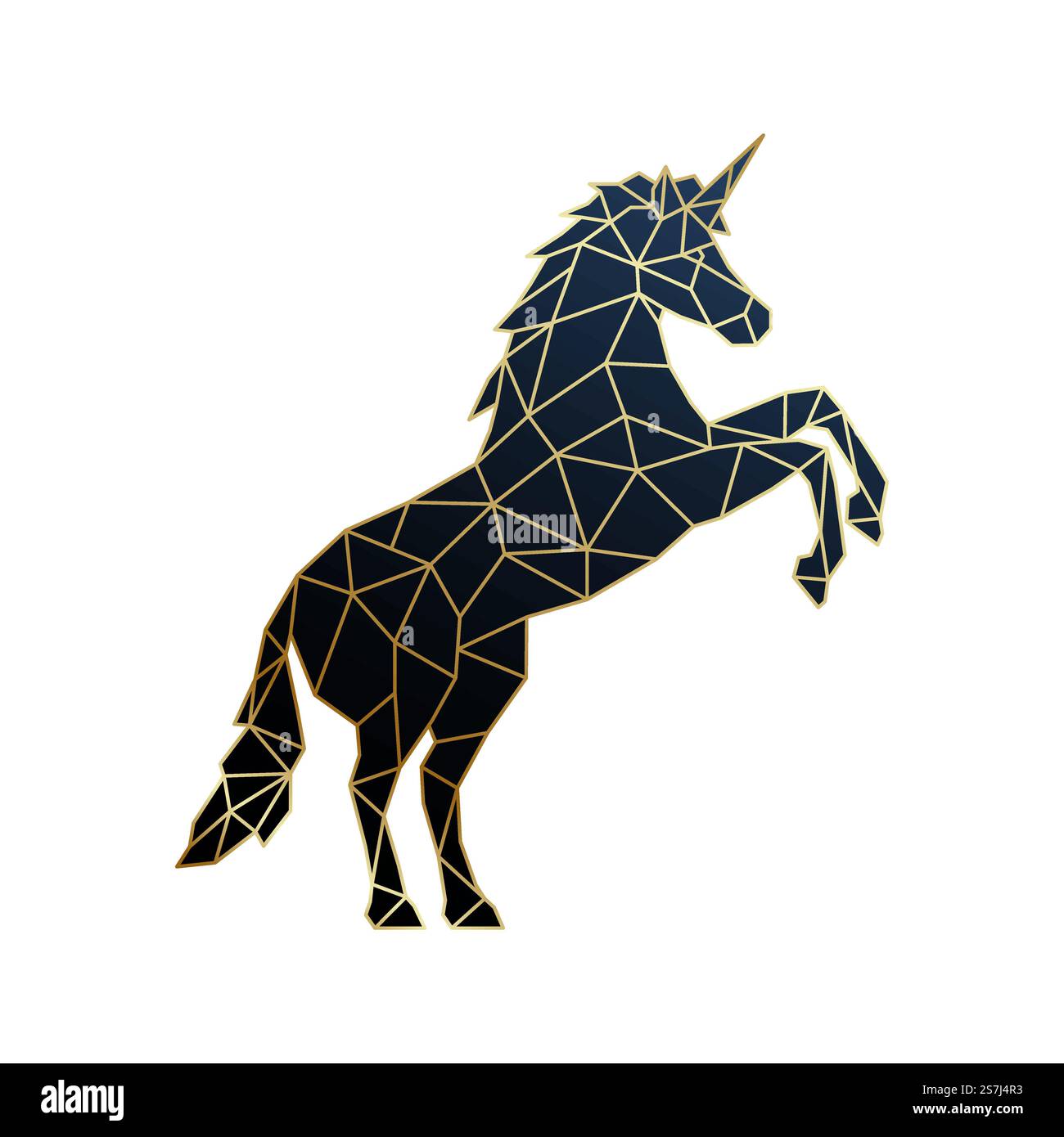 Polygonal golden Unicorn emblem. Magical unicorn standing on hind ...