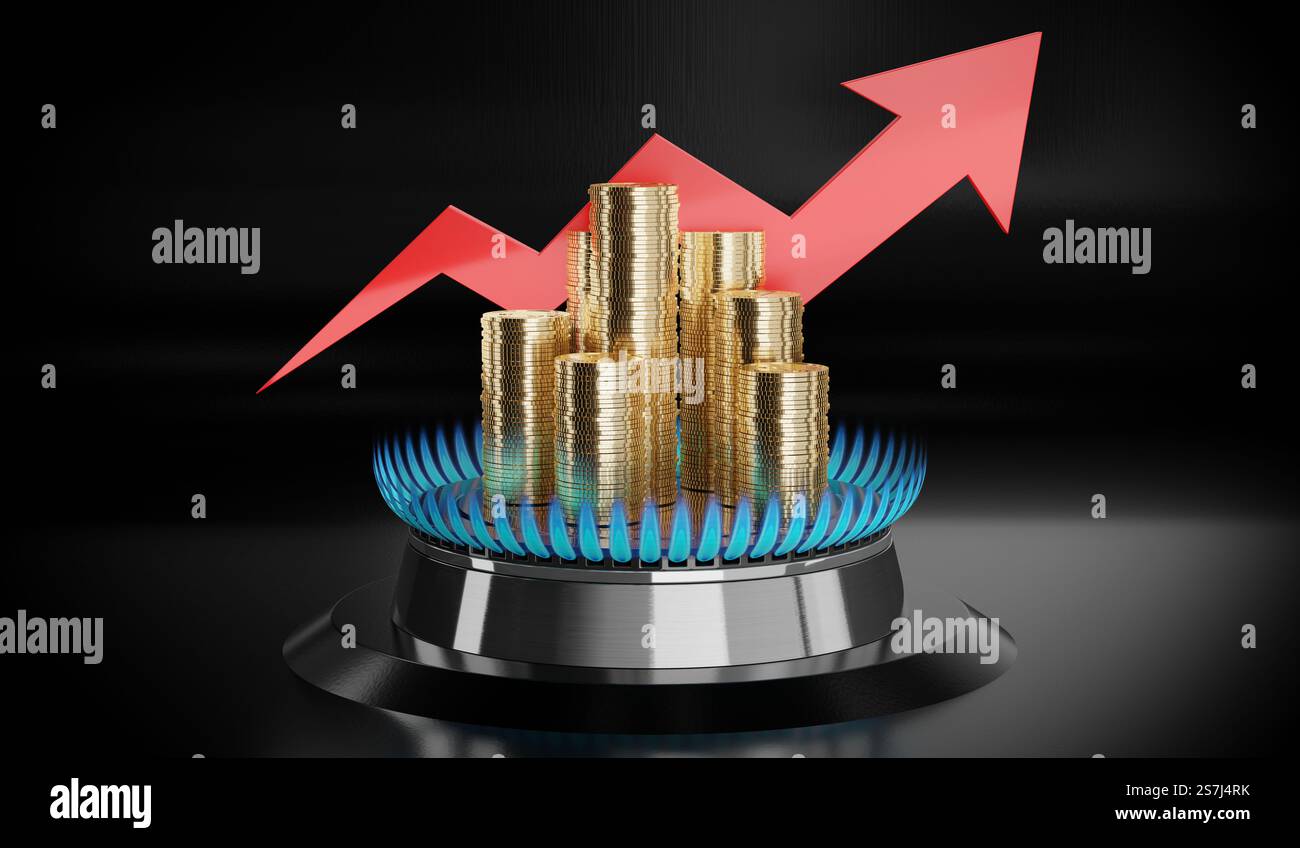 Propane butane gas burner, golden coins and upward arrow - 3D ...