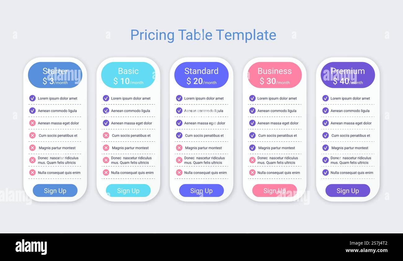 Price Table Template Comparison Data Plans Vector Pricing Chart Grid