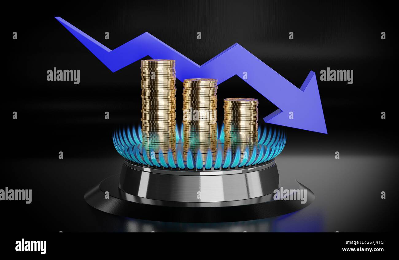 Propane butane gas burner, golden coins and downwards arrow - 3D ...