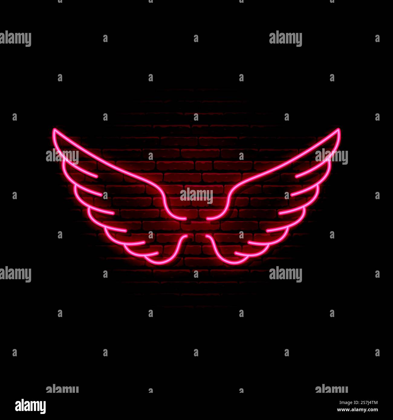 Red neon wings icon. Two glowing wings on dark brick wall background ...