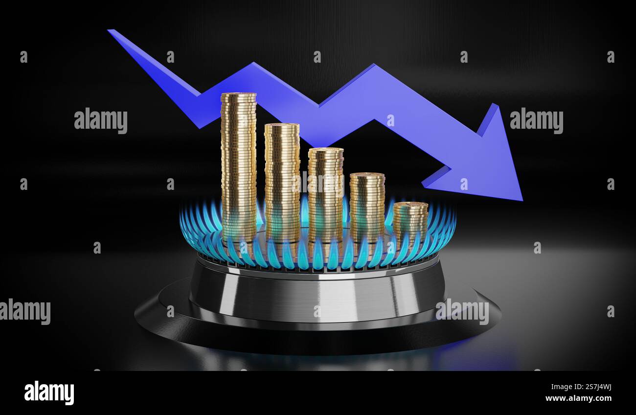 Propane butane gas burner, golden coins and downwards arrow - 3D ...