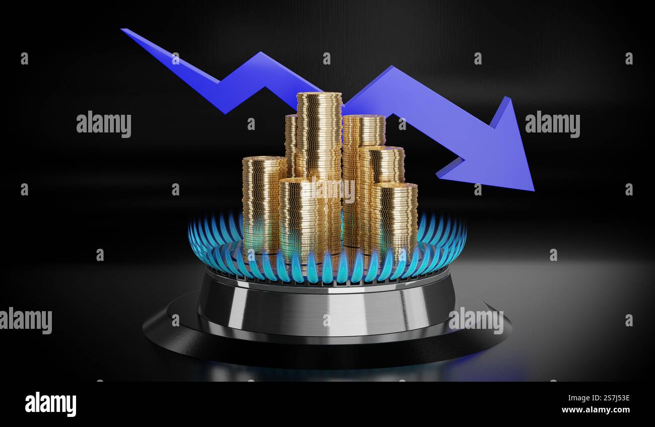 Propane butane gas burner, golden coins and downwards arrow - 3D ...