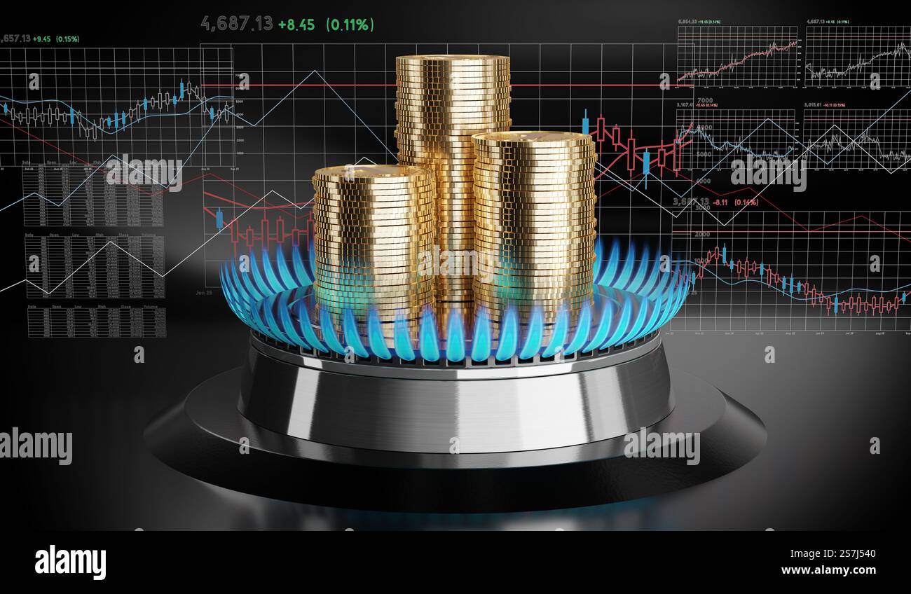 Propane butane gas burner and golden coins - 3D illustration Stock ...