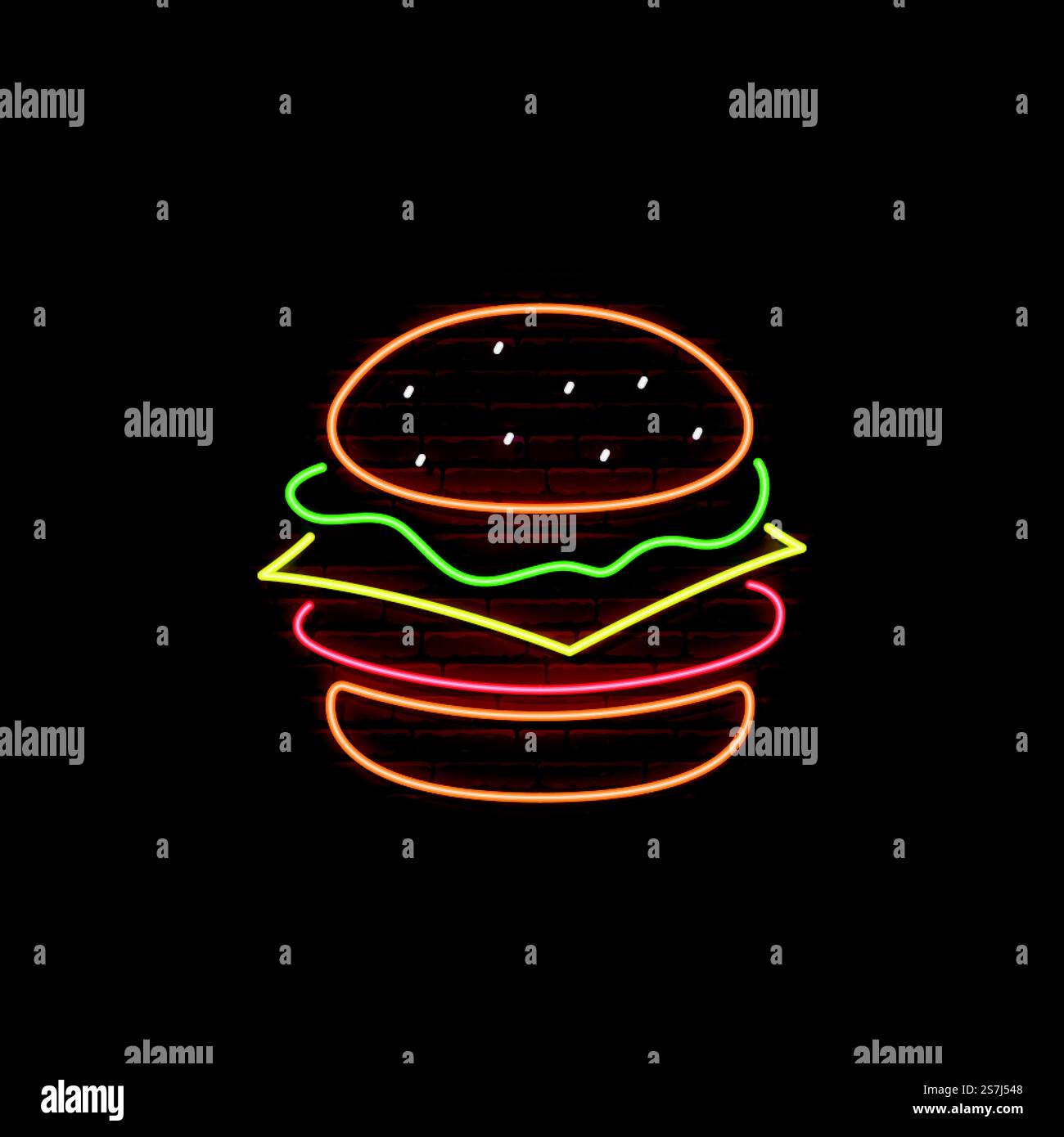 Neon burger sign. Glowing burger emblem isolated on dark brick wall ...