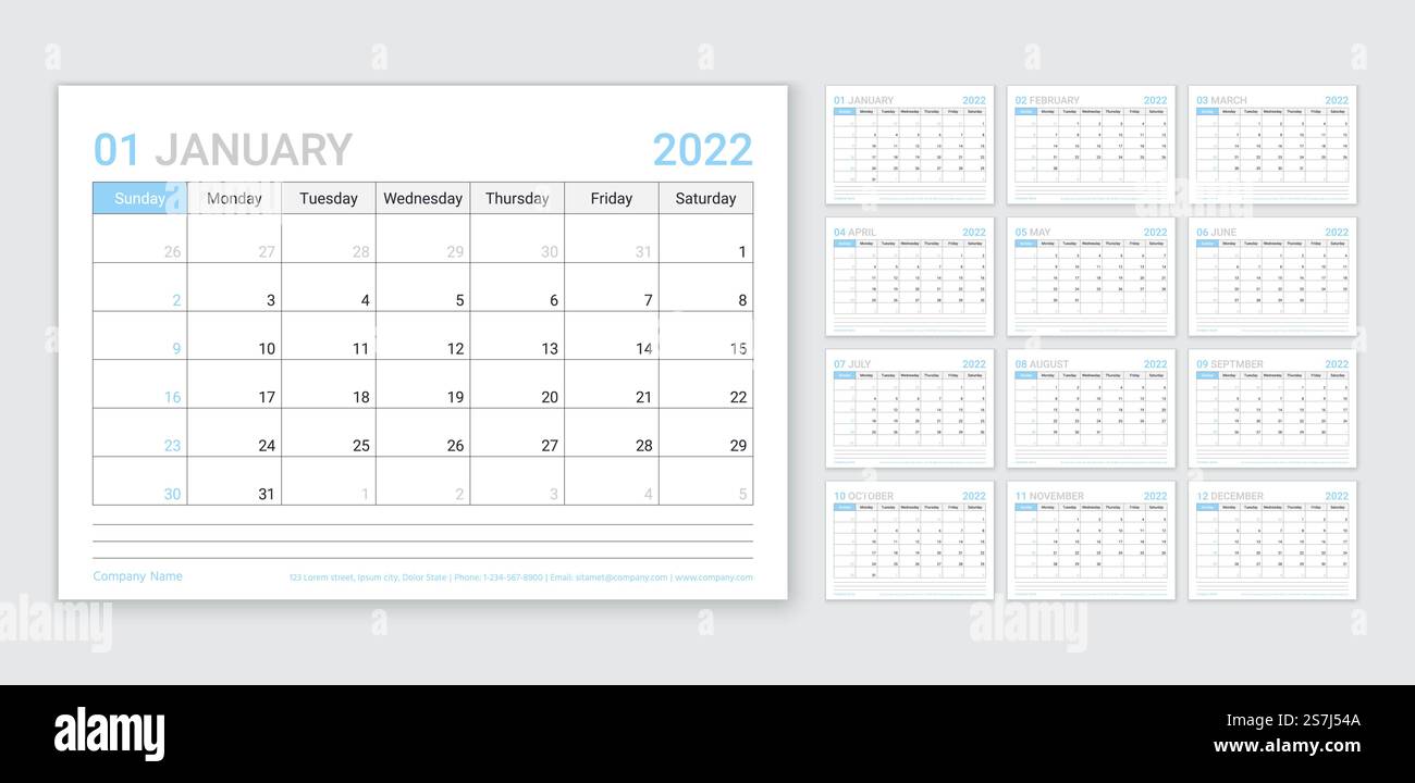 Calendar for 2022 year. Planner template. Week starts Sunday. Vector ...