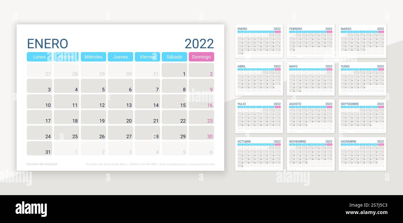 Spanish 2022 calendar. Desk planner template. Calender layout for year ...