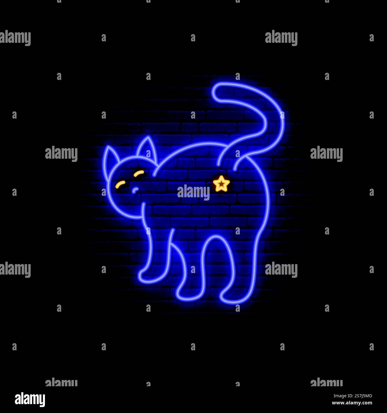 Violet neon cat sign. Bright light silhouette of funny cat on dark ...