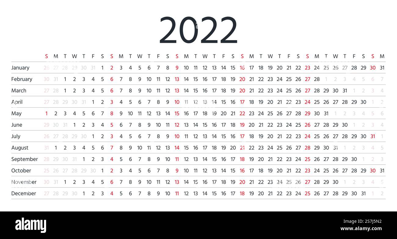 2022 calendar. Linear horizontal planner for year. Annual schedule grid ...