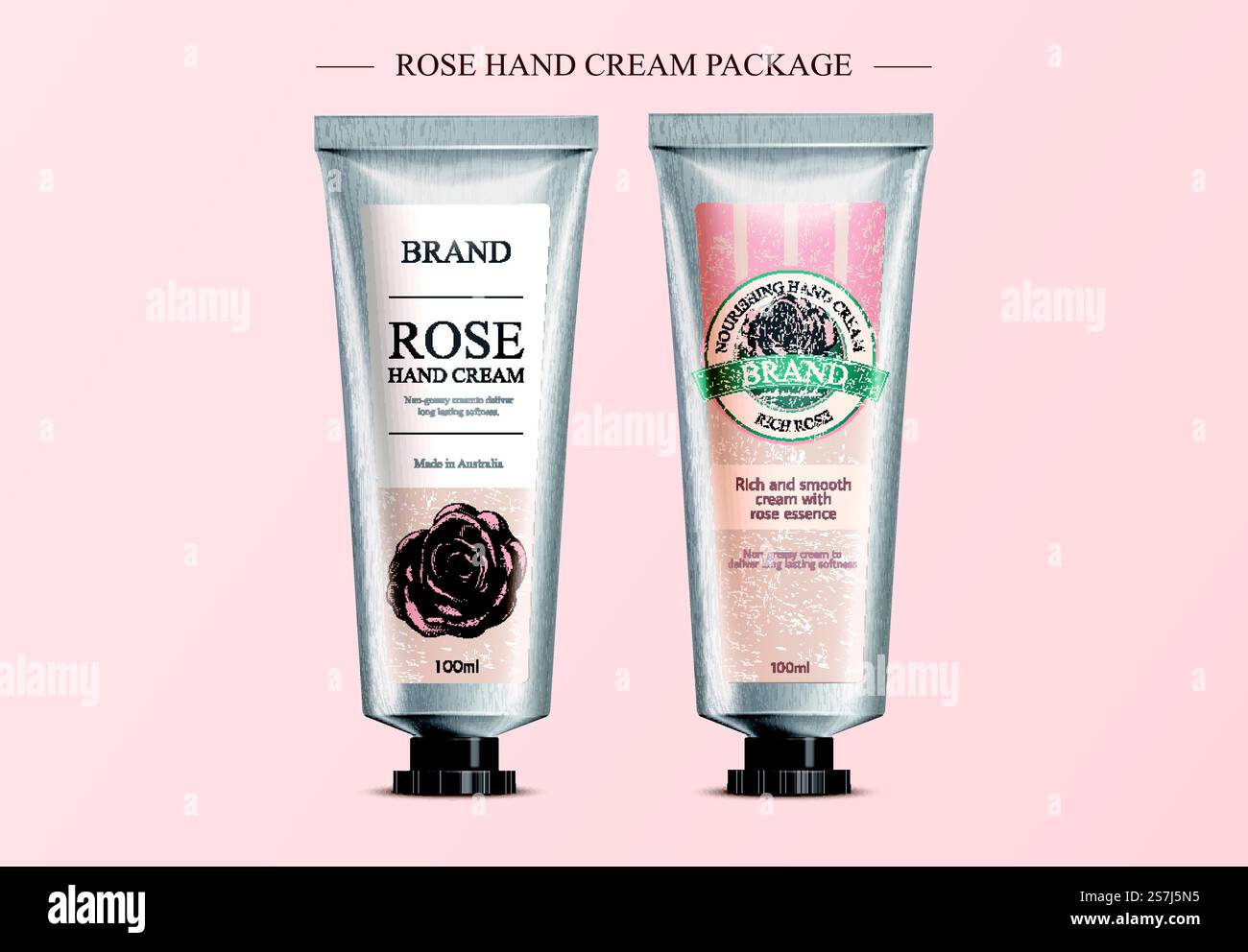 Rose hand cream mockup, package design template with attractive label ...