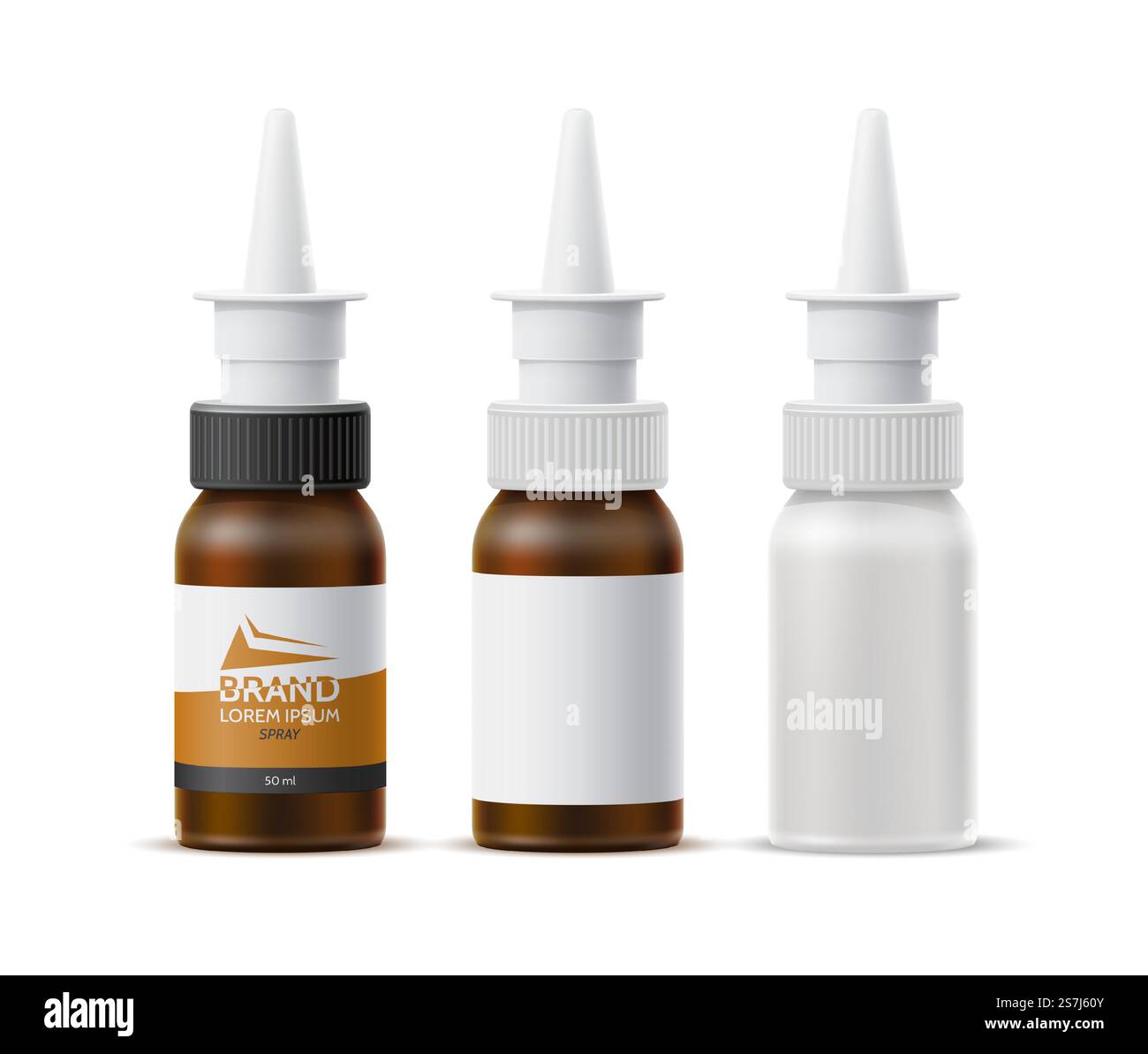 Realistic nasal spray plastic and glass bottle mockup set. Vector white ...