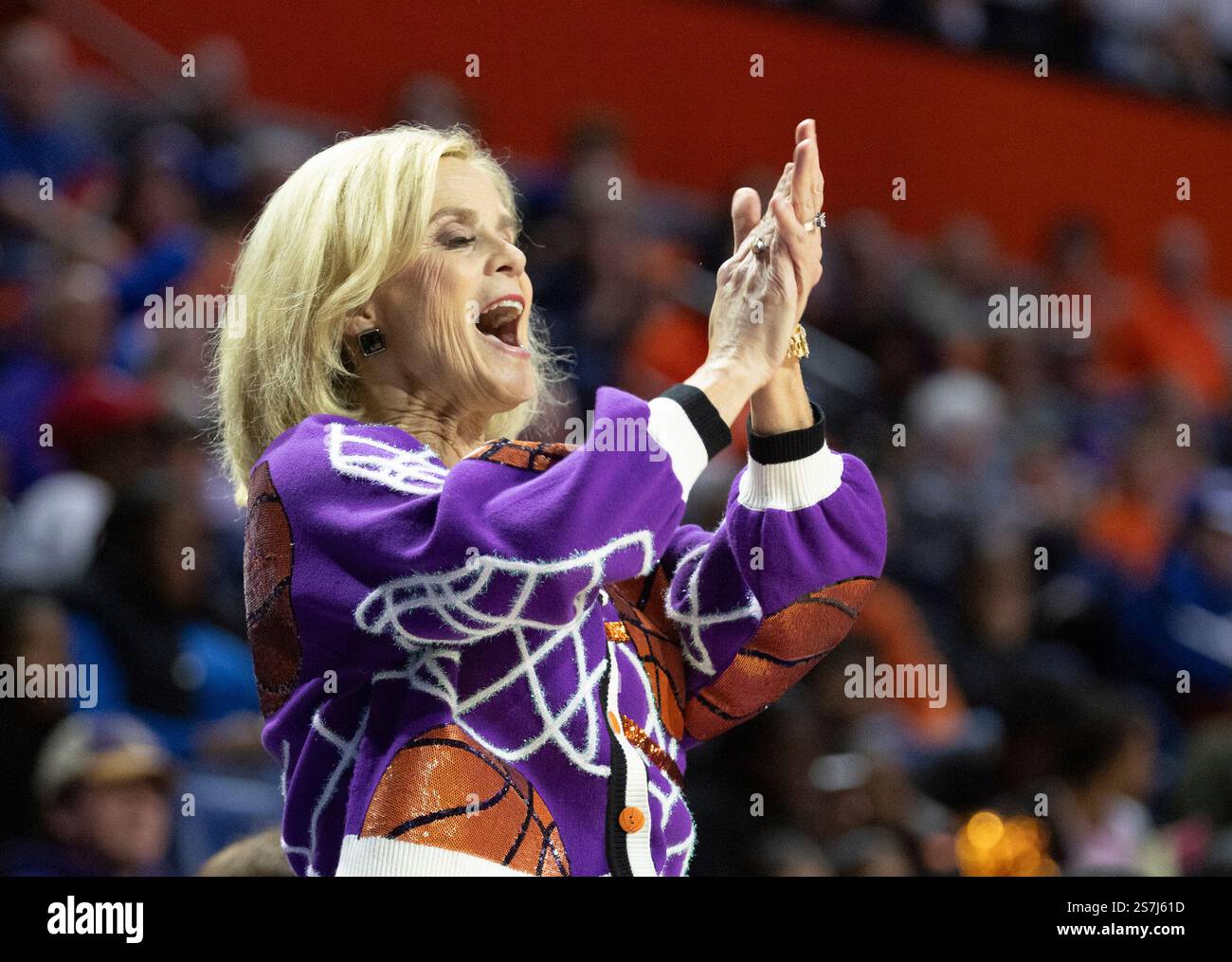 LSU head coach Kim Mulkey celebrates a point during the first half an ...