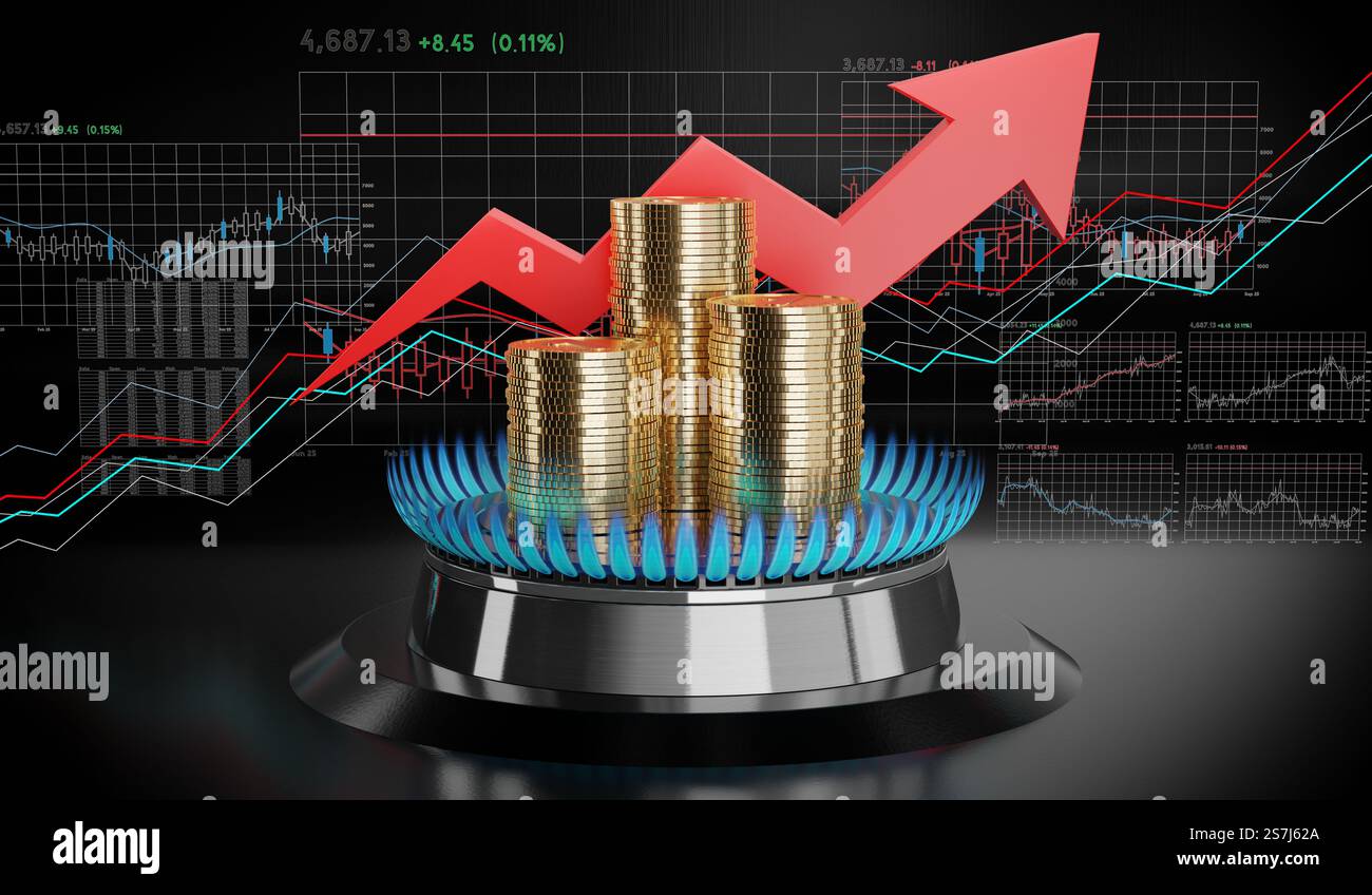 Propane butane gas burner, golden coins and upward arrow - 3D ...