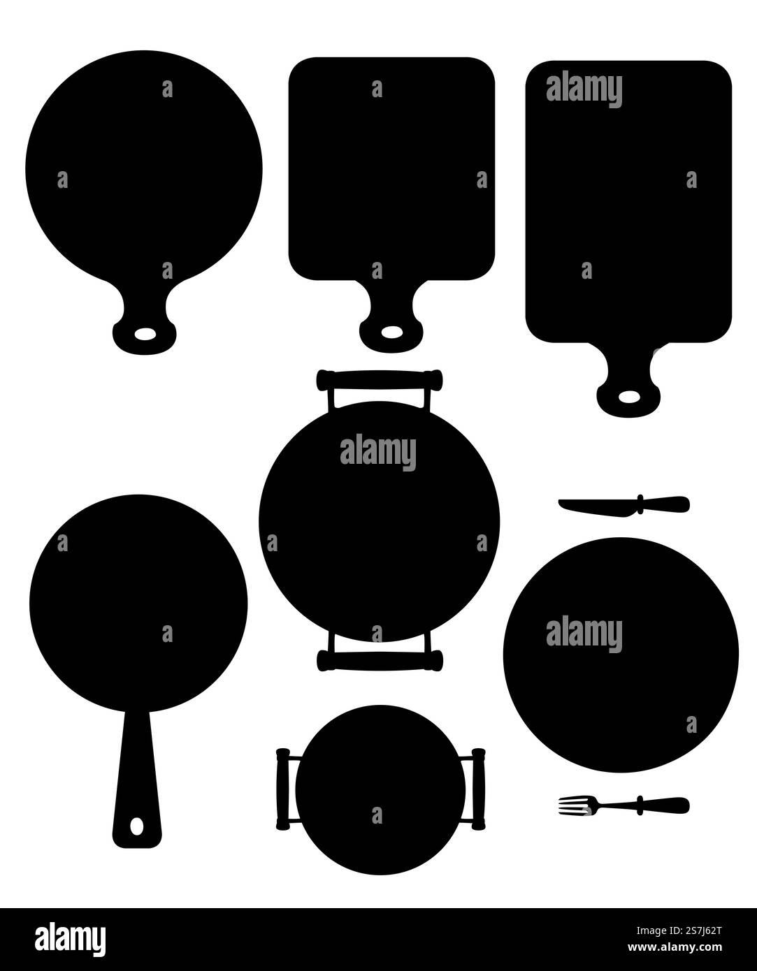 Kitchen utensils set. Wooden cutting board, pan, skillet and white ...