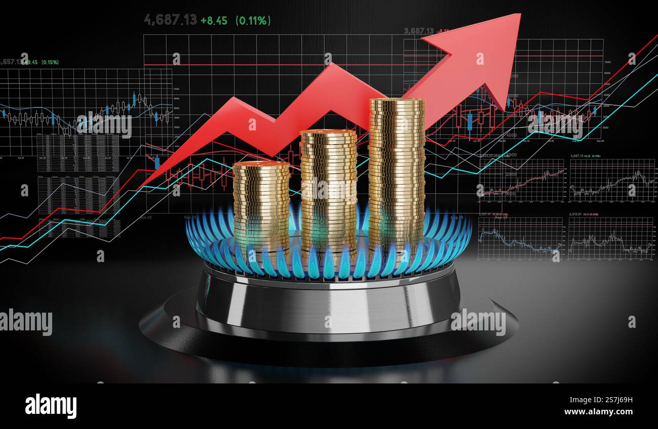 Propane butane gas burner, golden coins and upward arrow - 3D ...