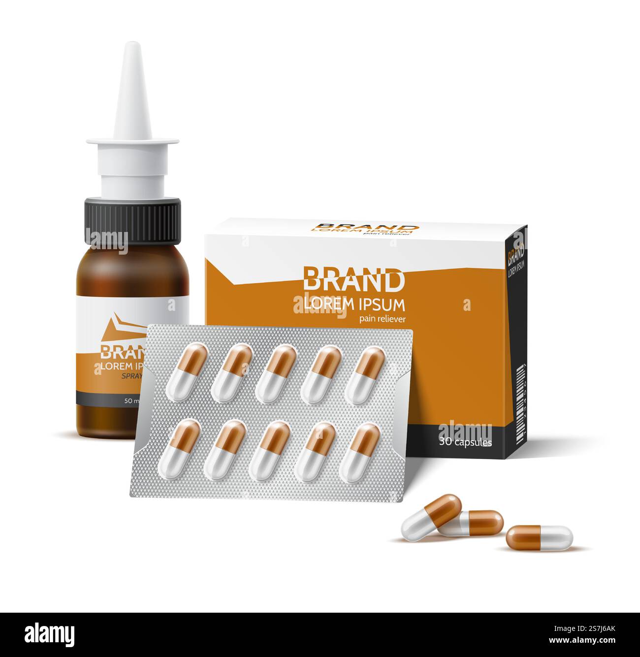 Realistic medical product nasal spray and painkiller pills blisters ...