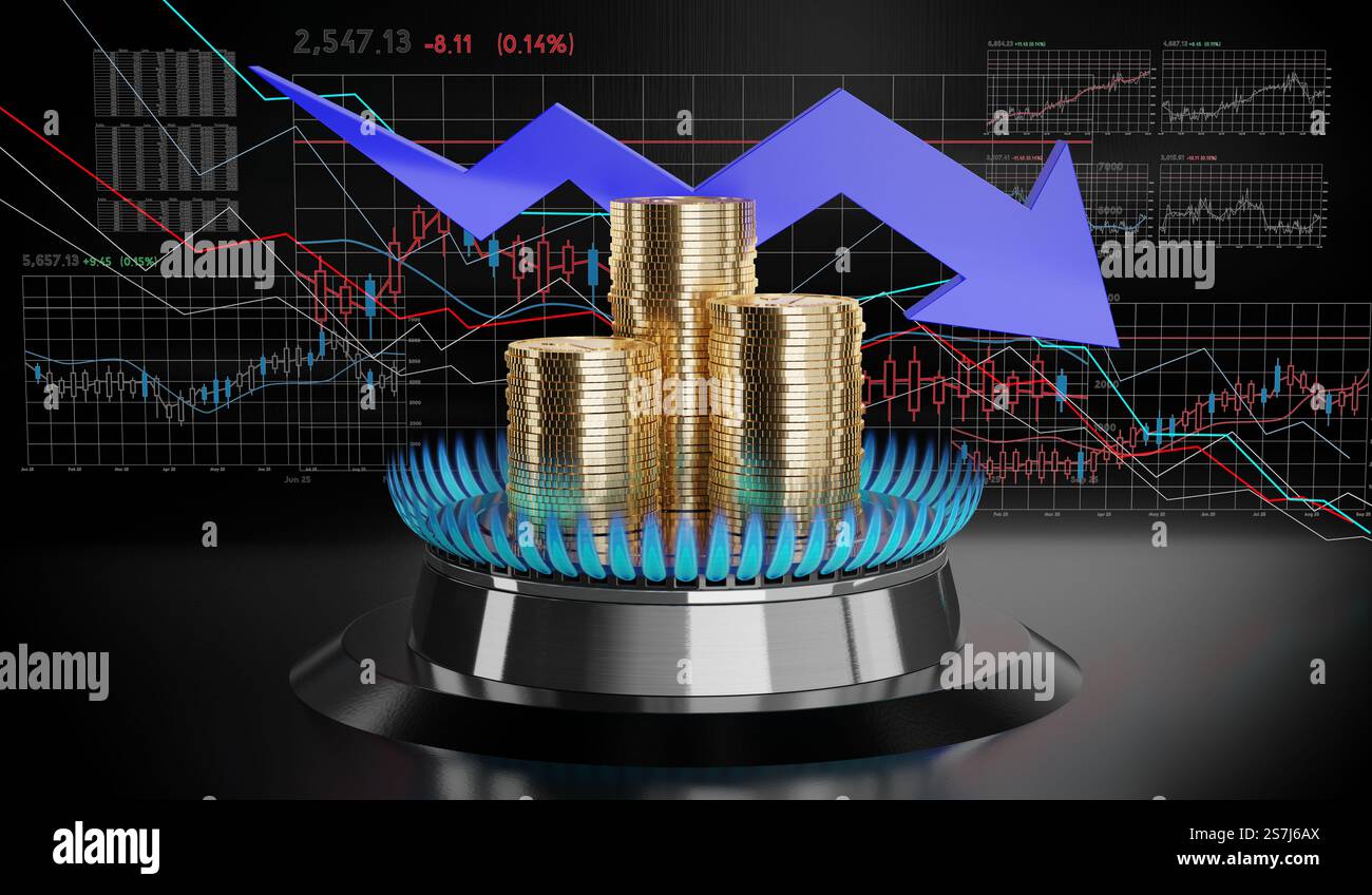 Propane butane gas burner, golden coins and downwards arrow - 3D ...