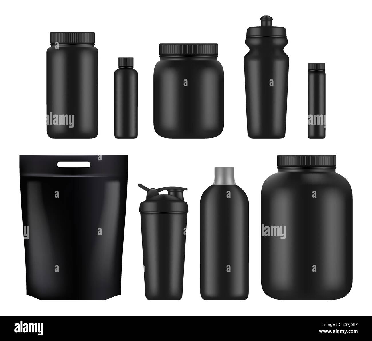 Sport nutrition. Fitness whey plastic jar and bottles power food for ...