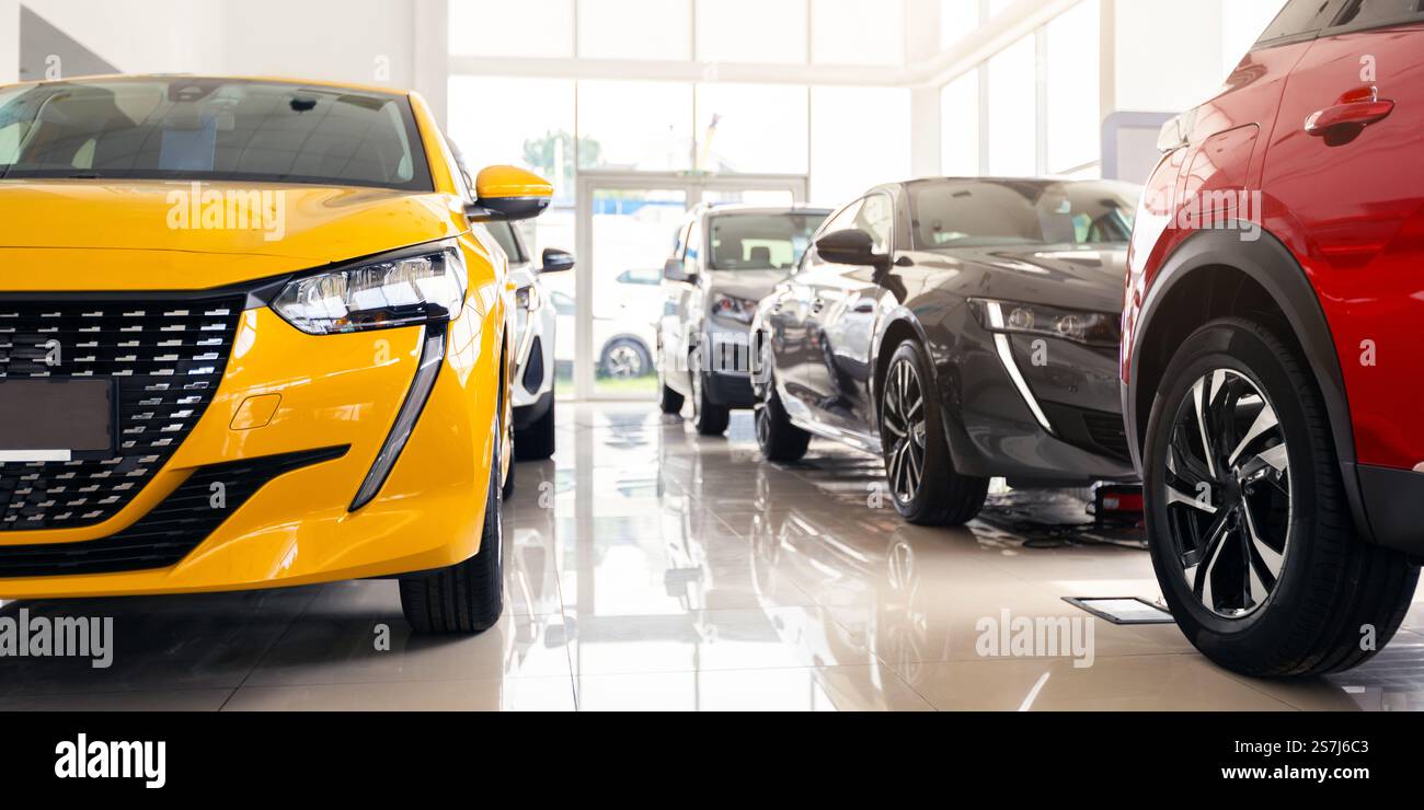 Beautiful modern cars at luxury dealership salon Stock Photo - Alamy