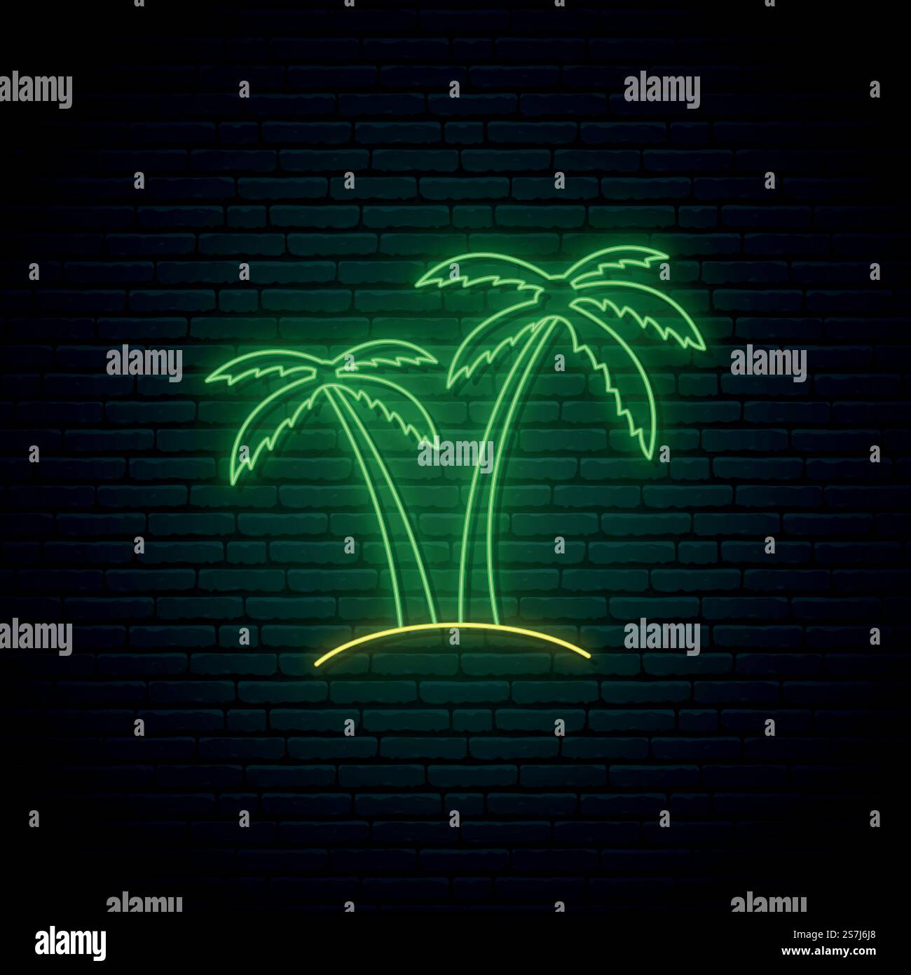 Neon palm sign. Glowing neon palm emblem on dark brick wall background ...