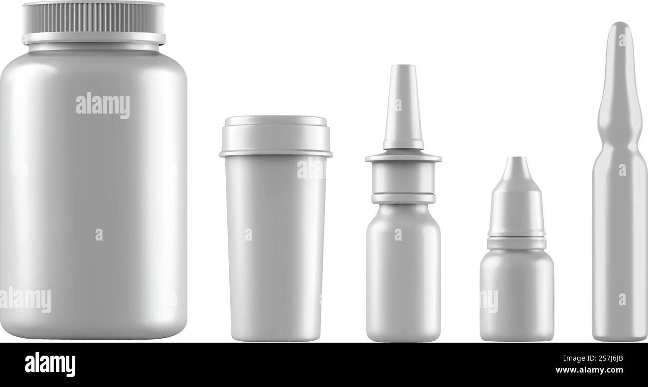 Realistic mock up white bottles for drugs, tablets, drops and spray etc ...