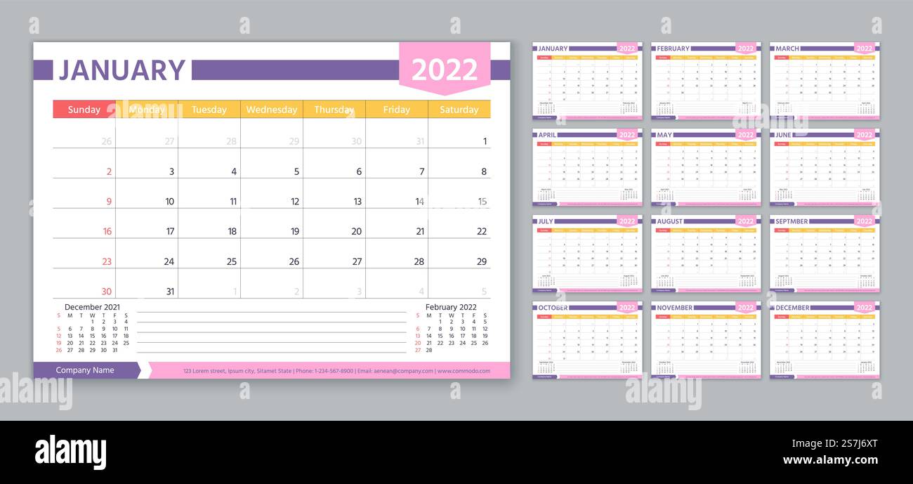 Planner 2022 year. Calendar template. Week starts Sunday. Vector ...