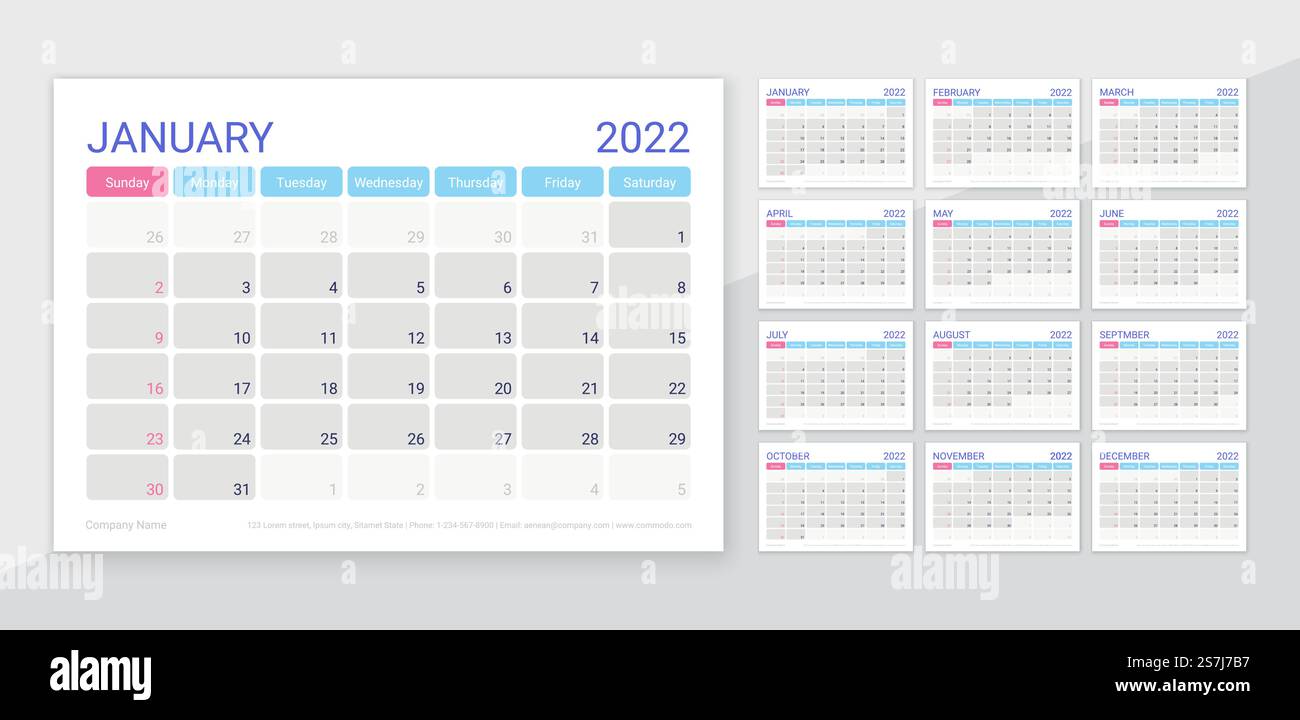 Calendar for 2022 year. Planner template. Week starts Sunday. Monthly ...