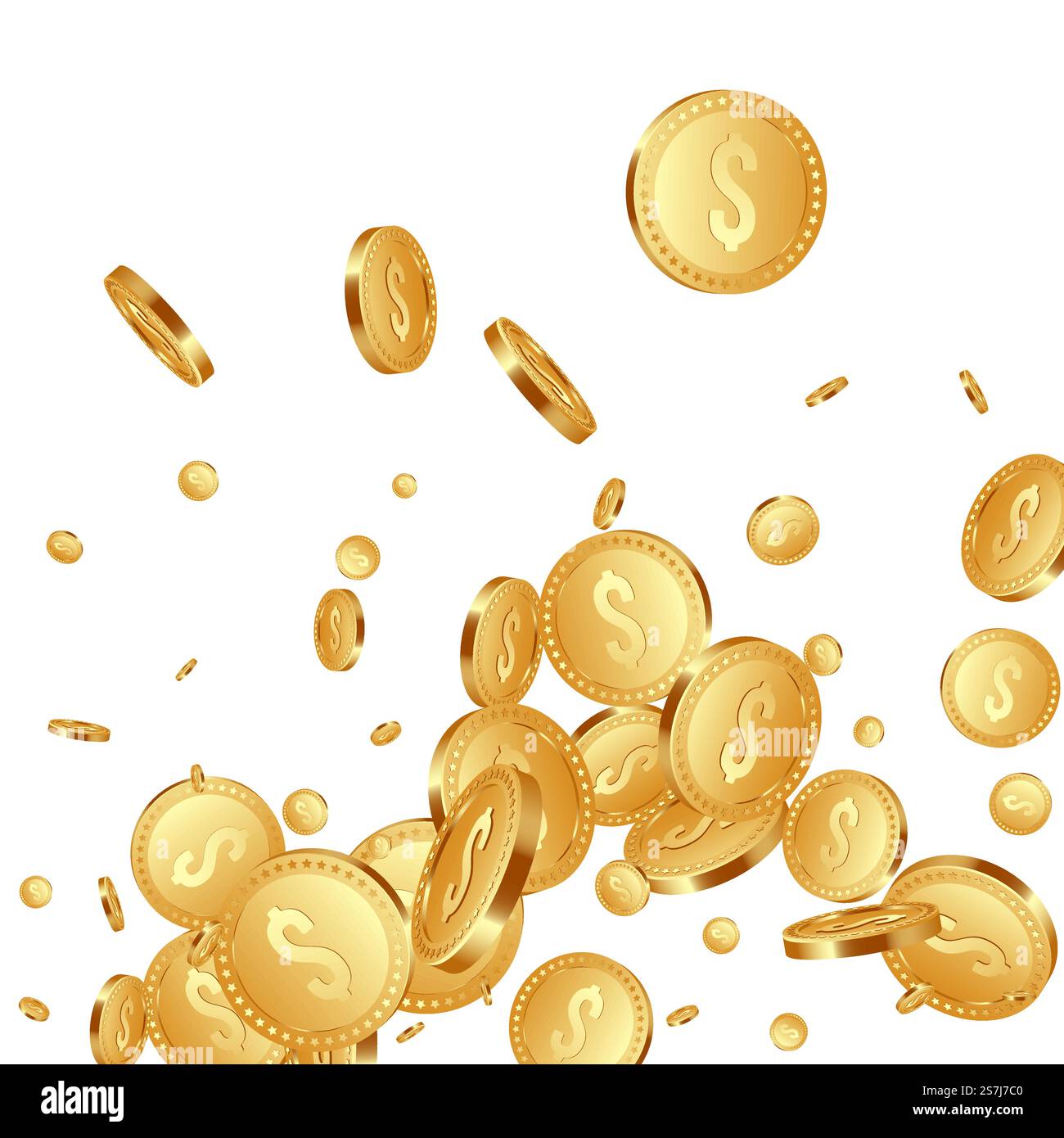 3d realistic falling golden metallic coins, dollar sign. Isolated on ...
