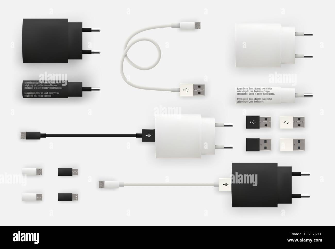 Realistic 3D USB micro cables, connectors, sockets and plug. Set of ...