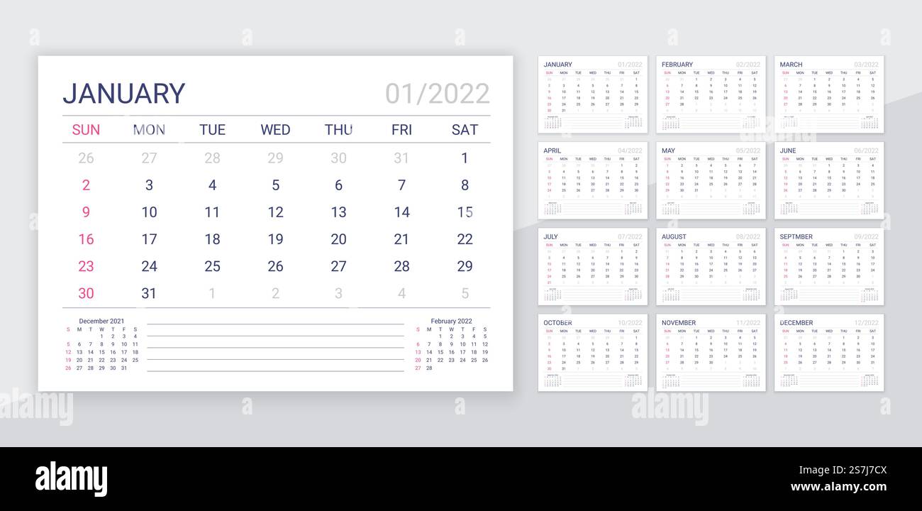 2022 Calendar. Table calender template. Monthly planner organizer. Week ...