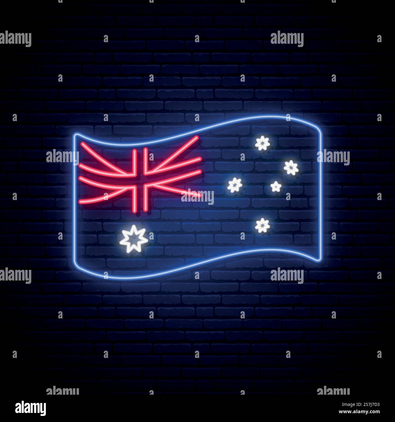 Australia flag neon sign. Glowing Australia flag isolated on dark brick ...