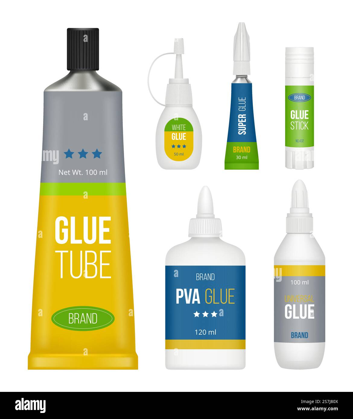 Glue packages. Stationary collection bottles stick tubes for liquid glue vector realistic set ...