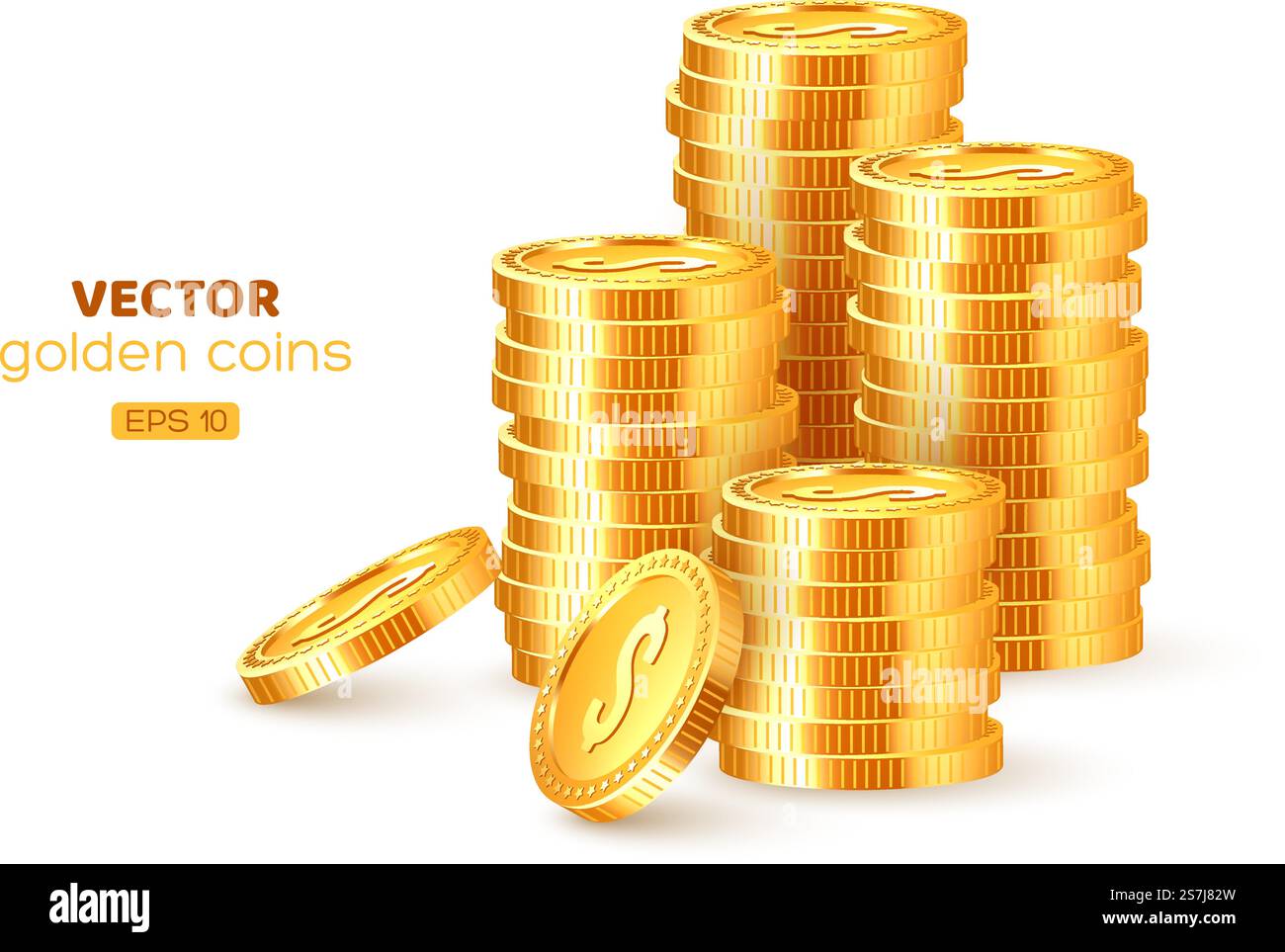 Realistic 3d golden stacks of coins. Gold money with dollar sign ...