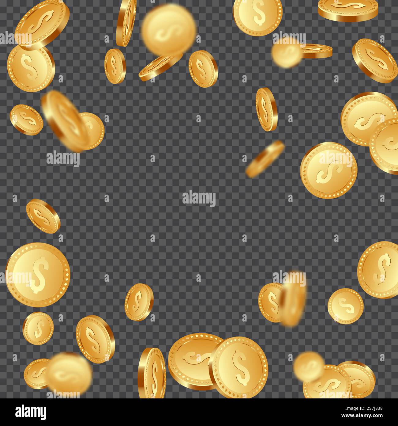 3d realistic falling golden metallic coins, dollar sign. Transparent ...