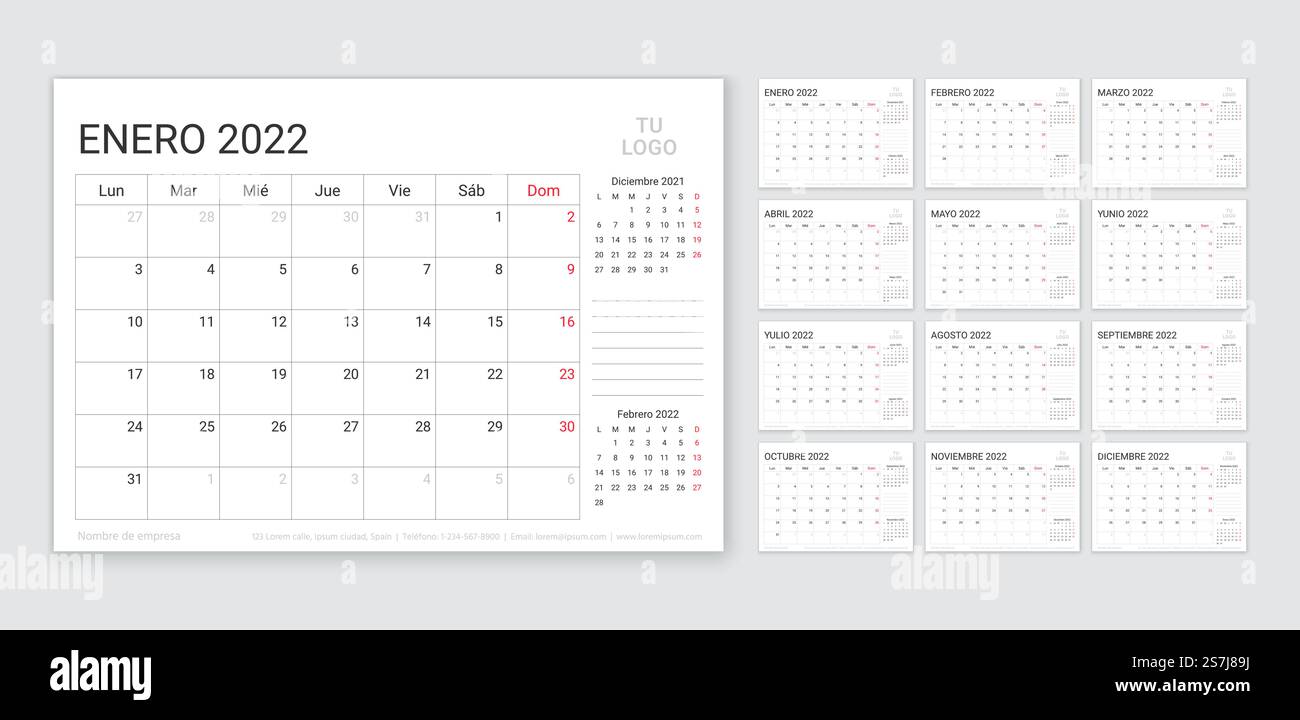 2022 Spanish calendar. Planner template. Week starts Monday. Vector ...