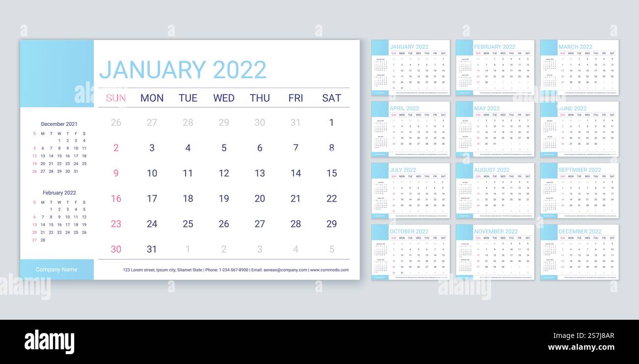 2022 calendar. Planner, calender template. Week starts Sunday. Vector ...