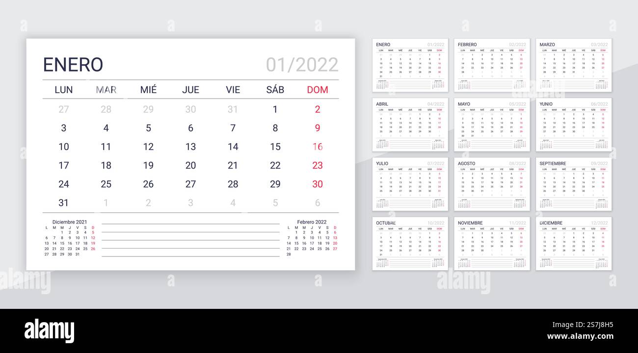 2022 Spanish calendar. Planner template for year. Desk calender layout ...