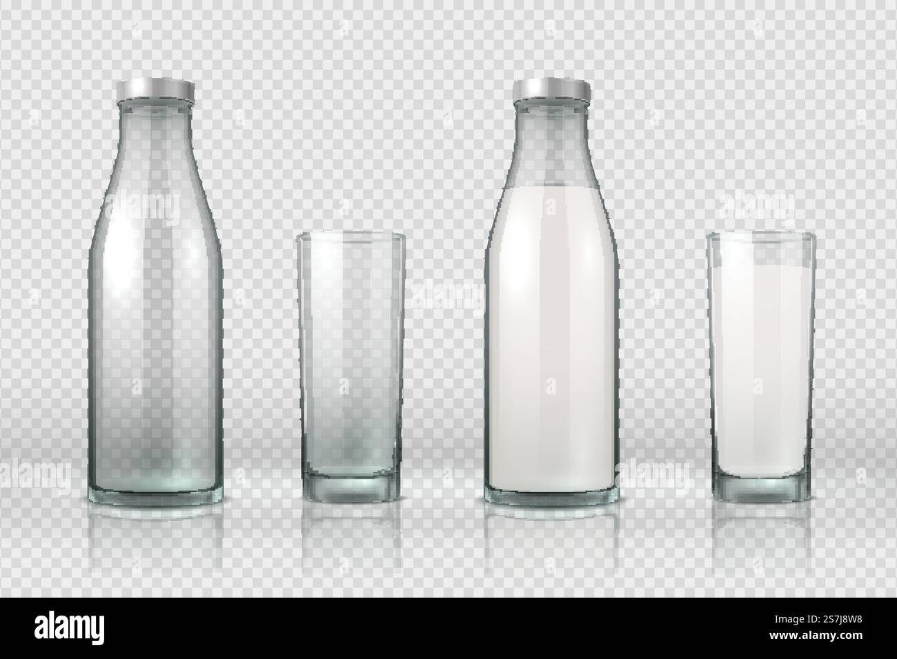 Glass and bottle with milk. Realistic empty, half full and full glass ...