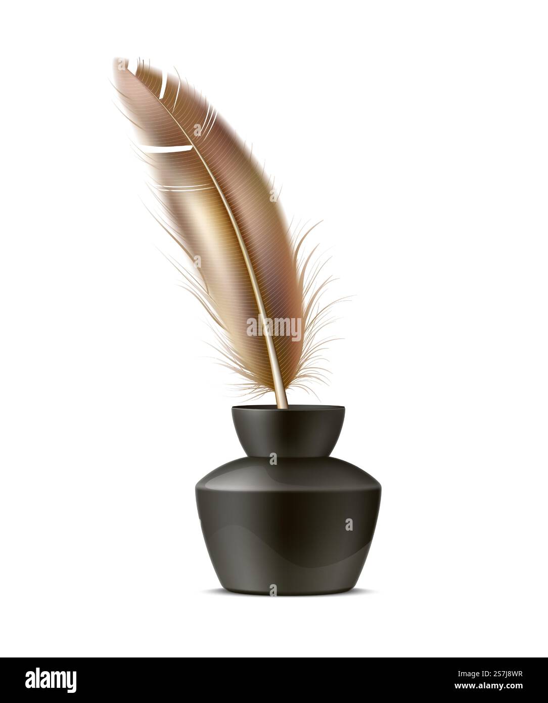 Realistic feather quill pen in ink bottle. Vector 3d goose nib in ...