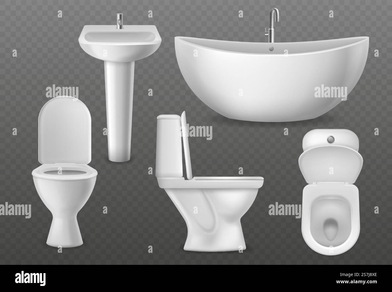 Realistic bathroom objects. White collection bathtub, toilet seat and ...