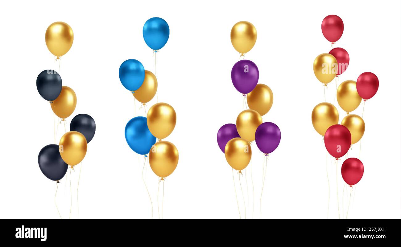 Set of festive bouquets of gold, blue, red, black and purple balloons ...