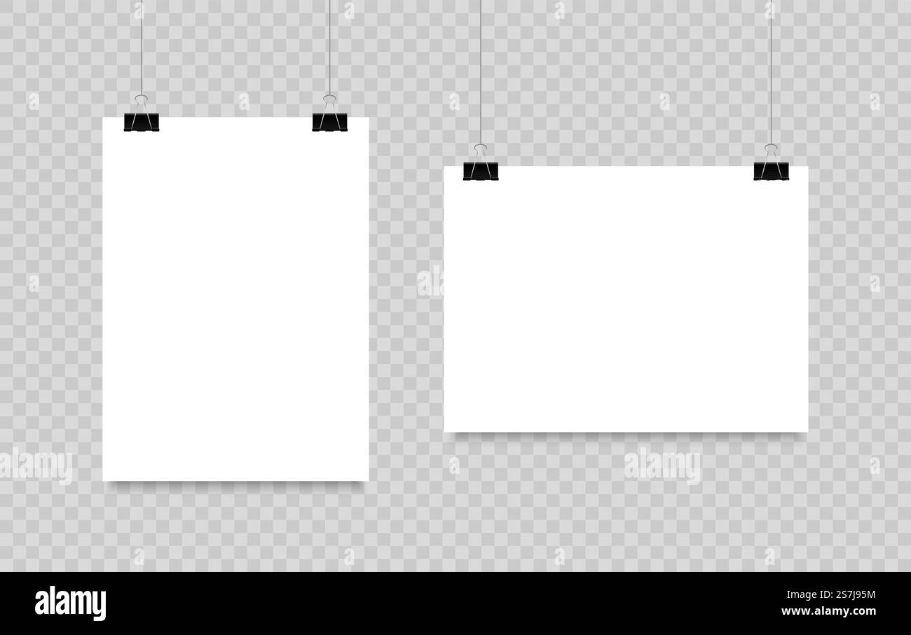 Blank poster hanging on clips. A4 paper page In landscape and portrait ...