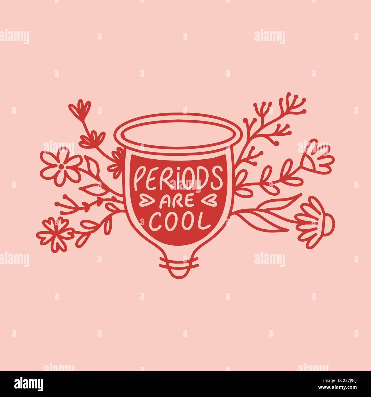 Hand-drawn doodle illustration of a menstrual cup surrounded by flowers ...