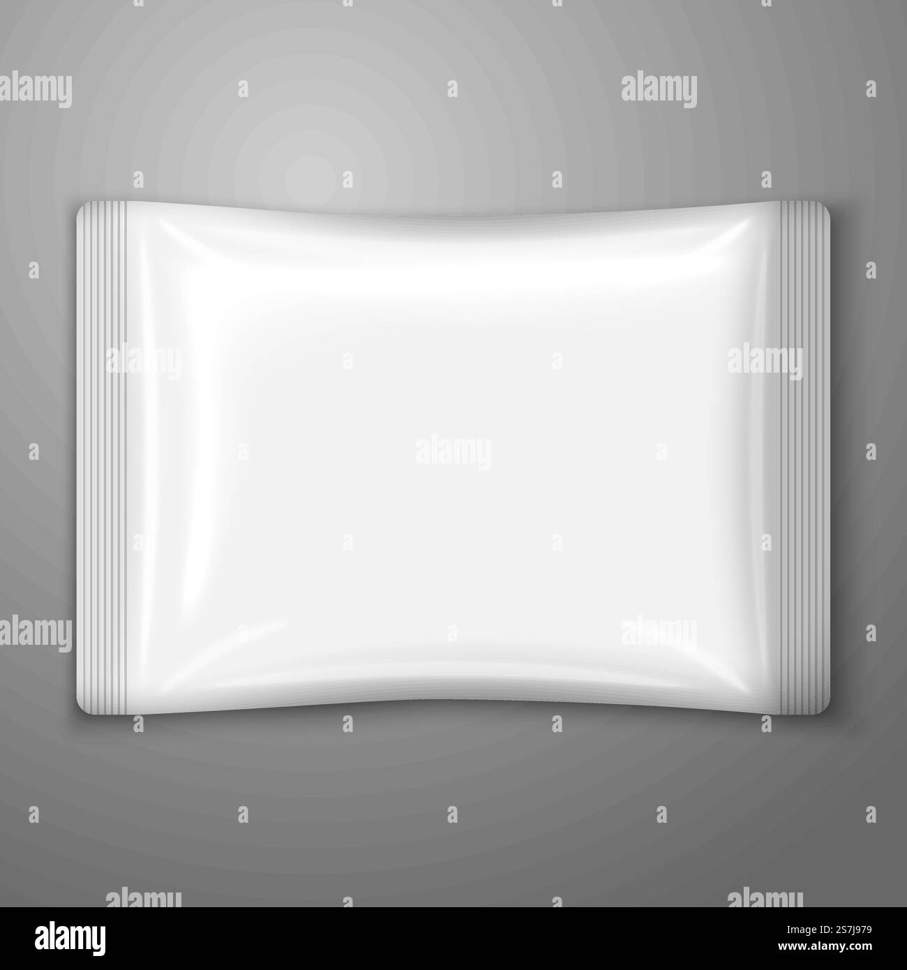 Blank white flat plastic sachet isolated on grey background with place ...