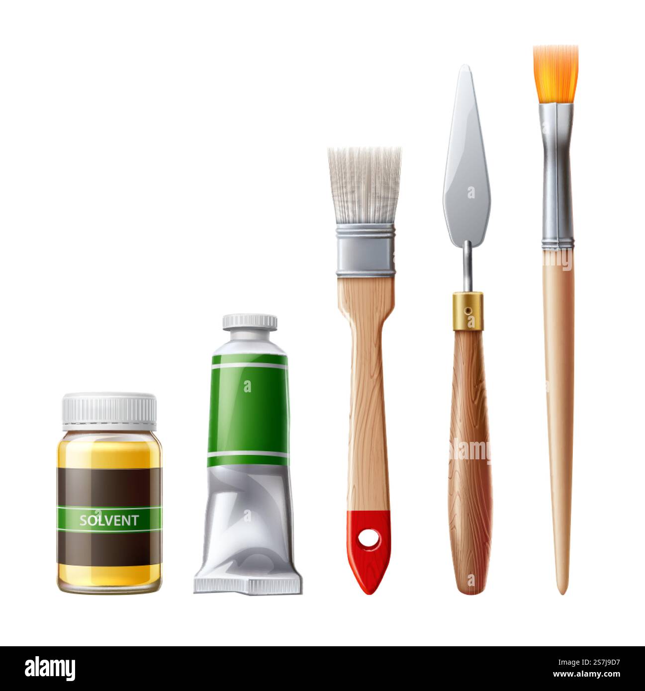 Realistic painter tools set. Oil paint tubes, brushes and palette knife ...