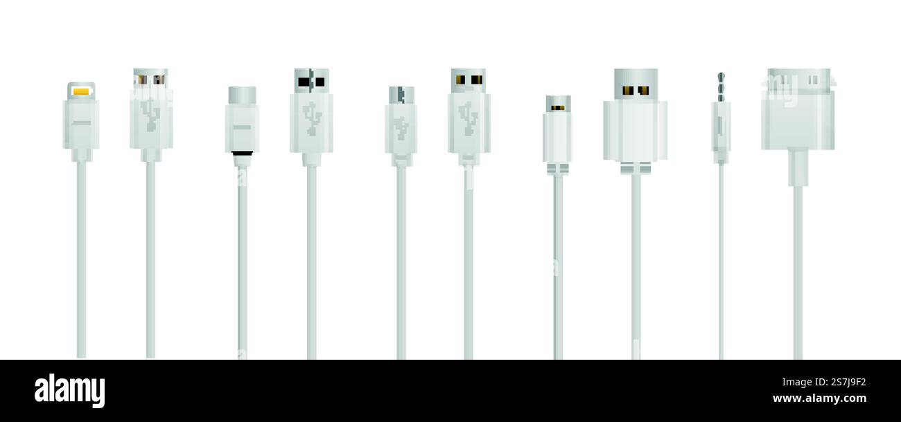 Smartphone charger cable mockup Isolated on white background. USB wire cable vector phone ...