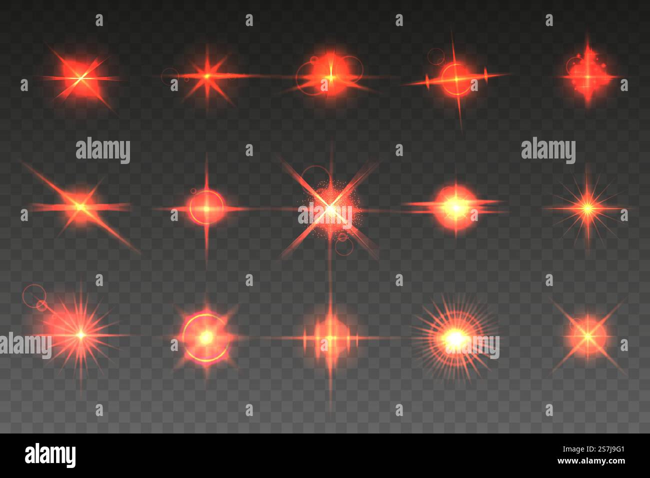 Collection of red flares of light isolated on transparent background. Glowing lights effect ...