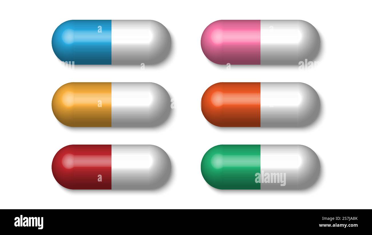 Realistic colorful medical pills, tablets, capsules isolated on white ...