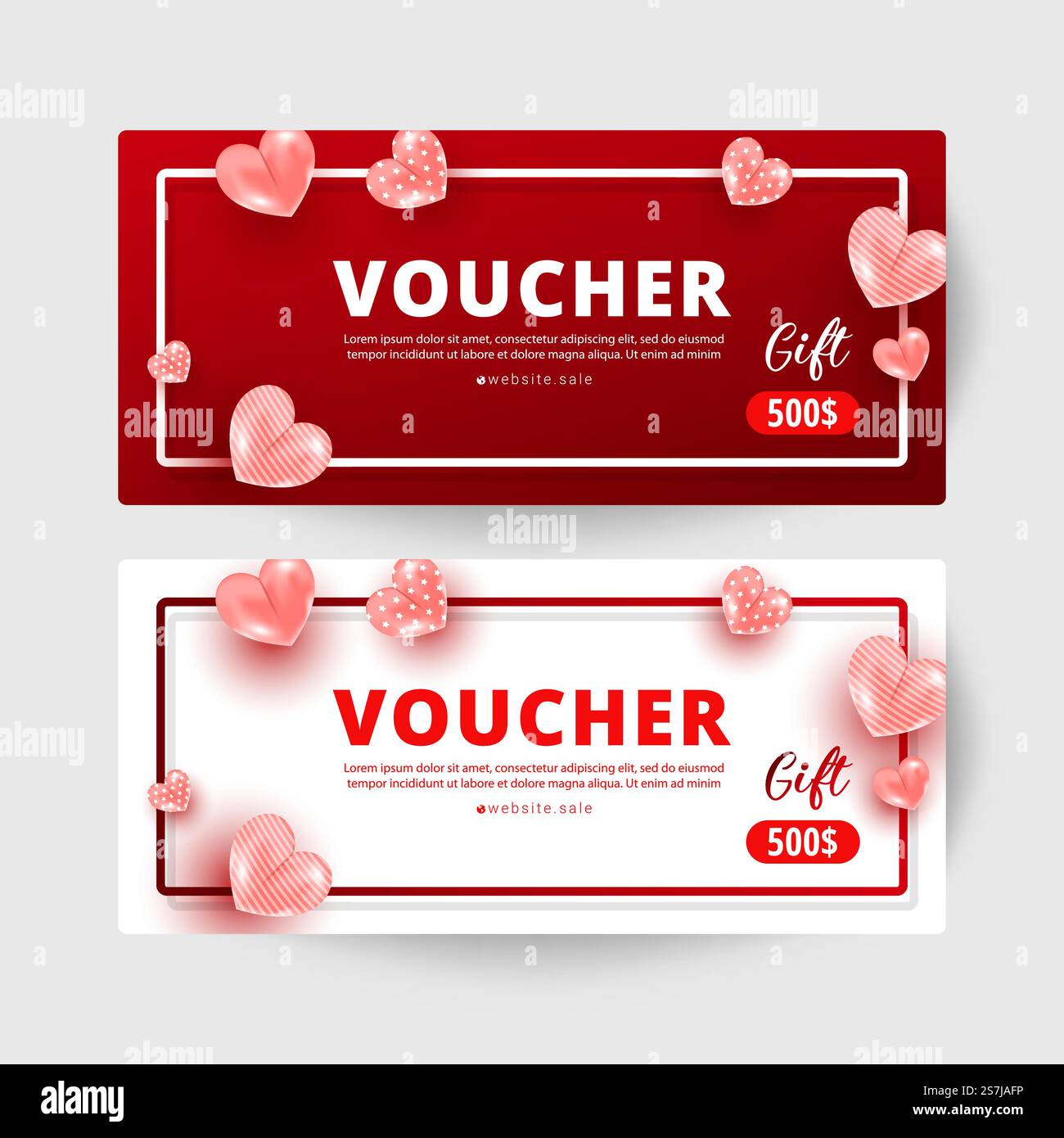 Shopping voucher gift card template set with realistic sweet love shape ...